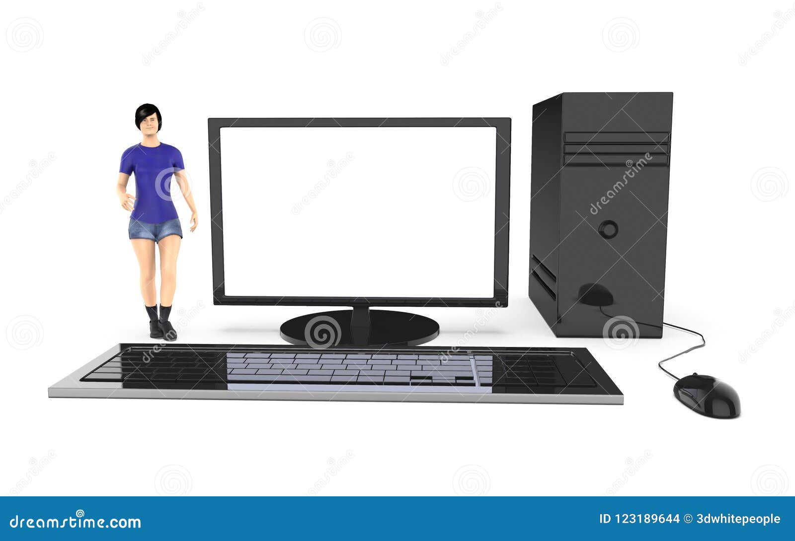 3d Character , Woman and a Computer / Desktop Stock Illustration ...