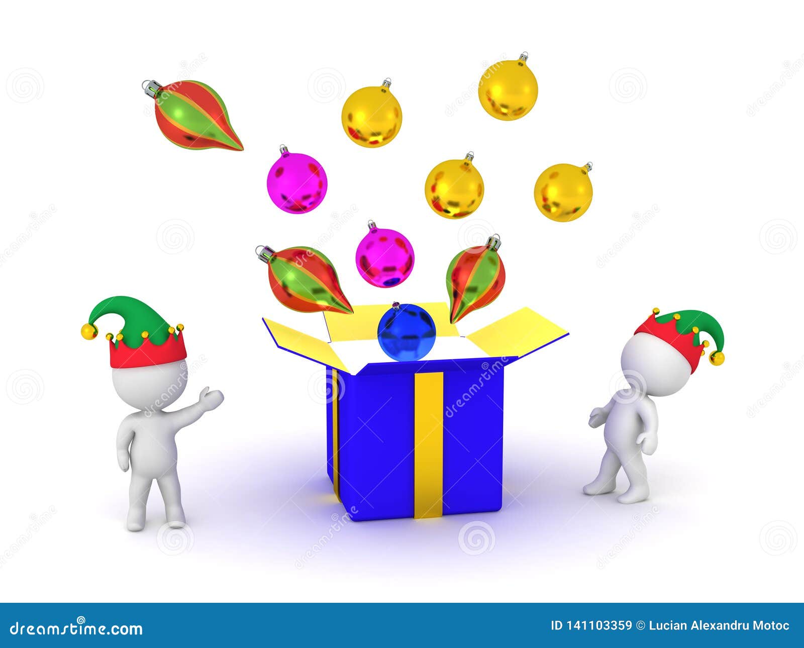 3D Characters and an Open Gift Box with Globes Stock Illustration ...