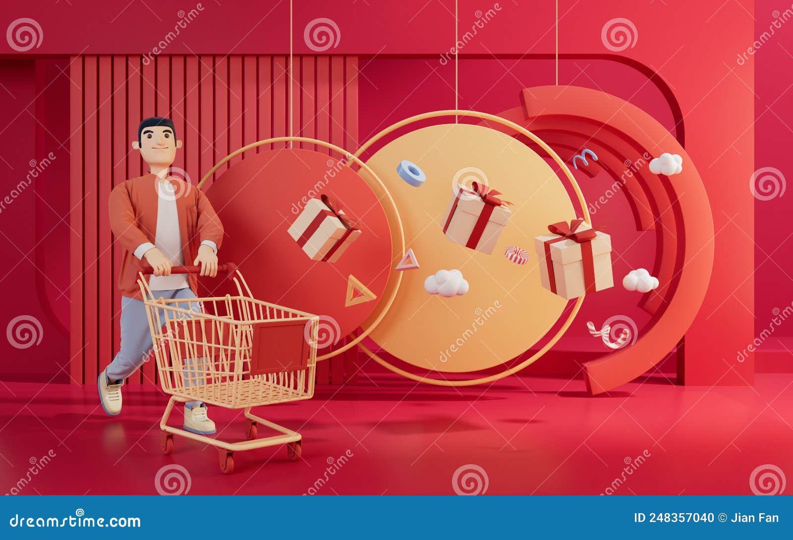 3D Charactor Pushing the Shopping Cart, 3d Rendering Stock Illustration ...