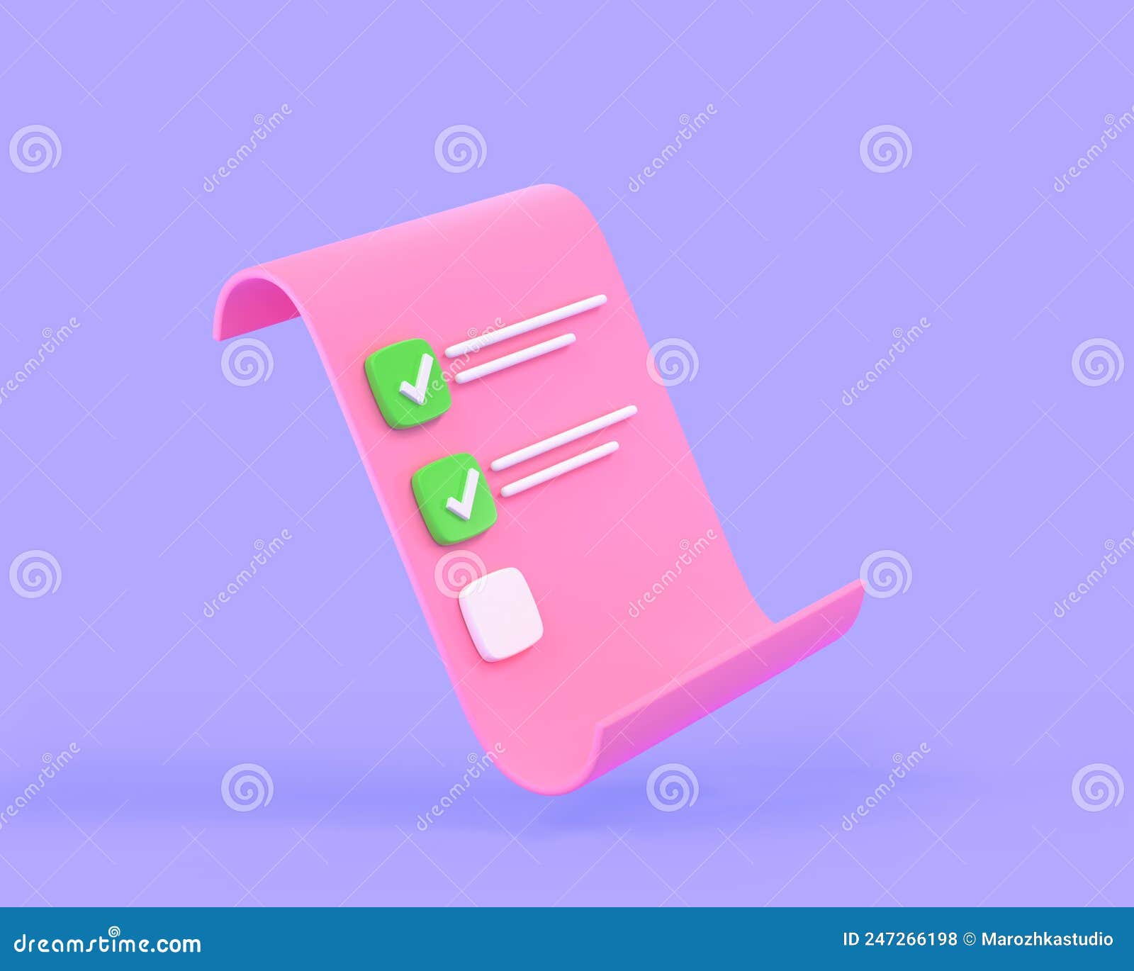 3D Checklist with Check Marks. Pink Sheet Paper with Test or Quiz ...