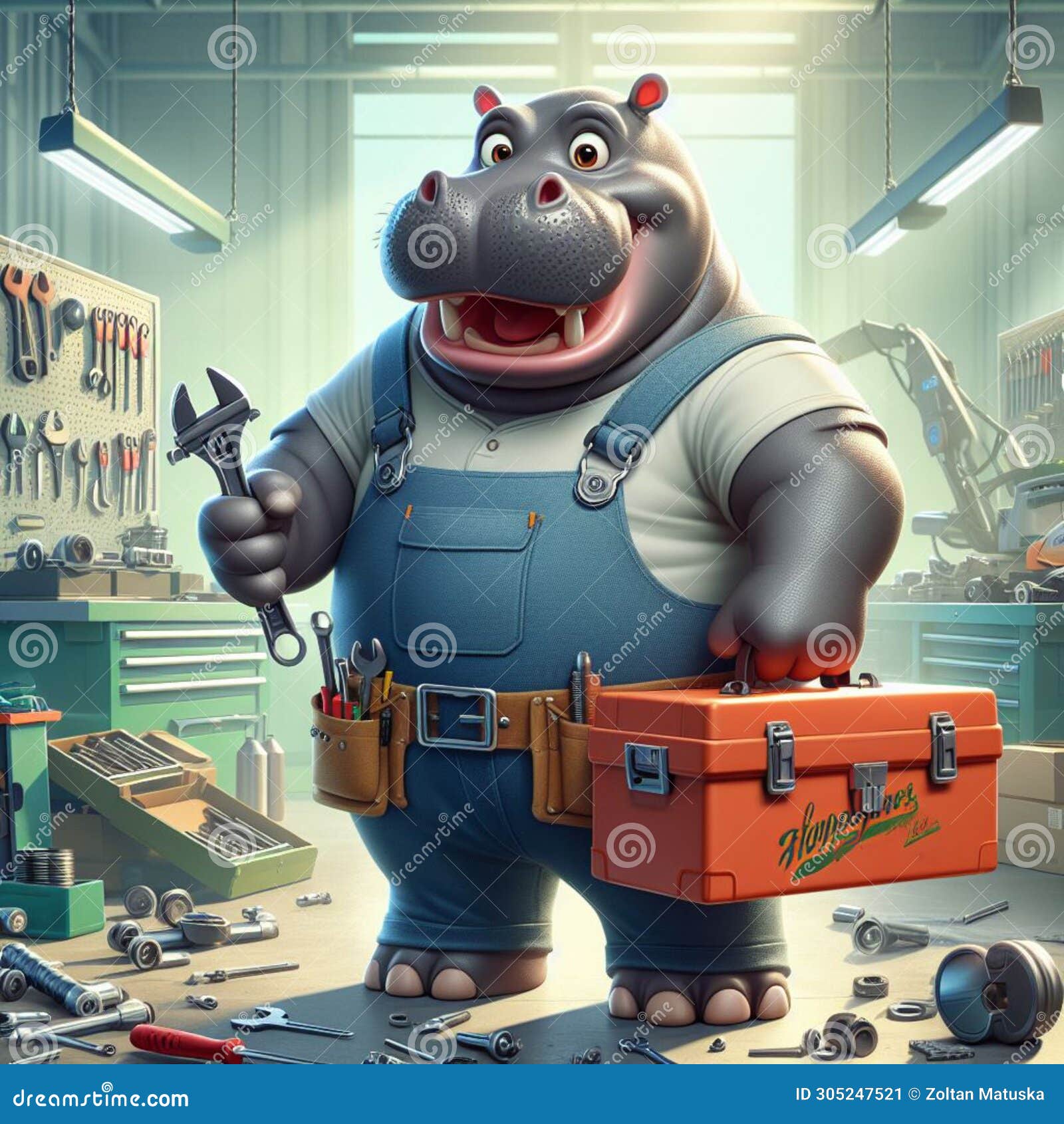 3D Cheerful Hippo in Mechanic S Outfit Holding Tools Toolbox Standing ...