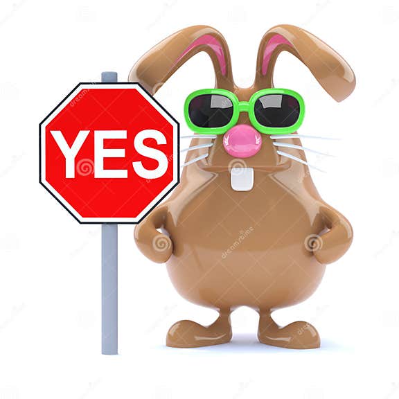 3d Chocolate Easter Bunny Rabbit with Yes Road Sign Stock Illustration ...
