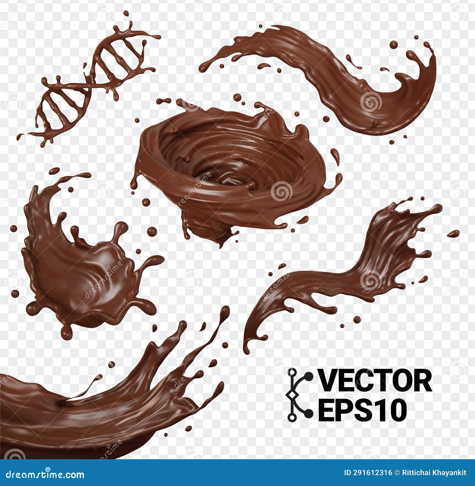 3D Chocolate Splash Isolate Realistic Vector Eps Set Swirl and Drop ...