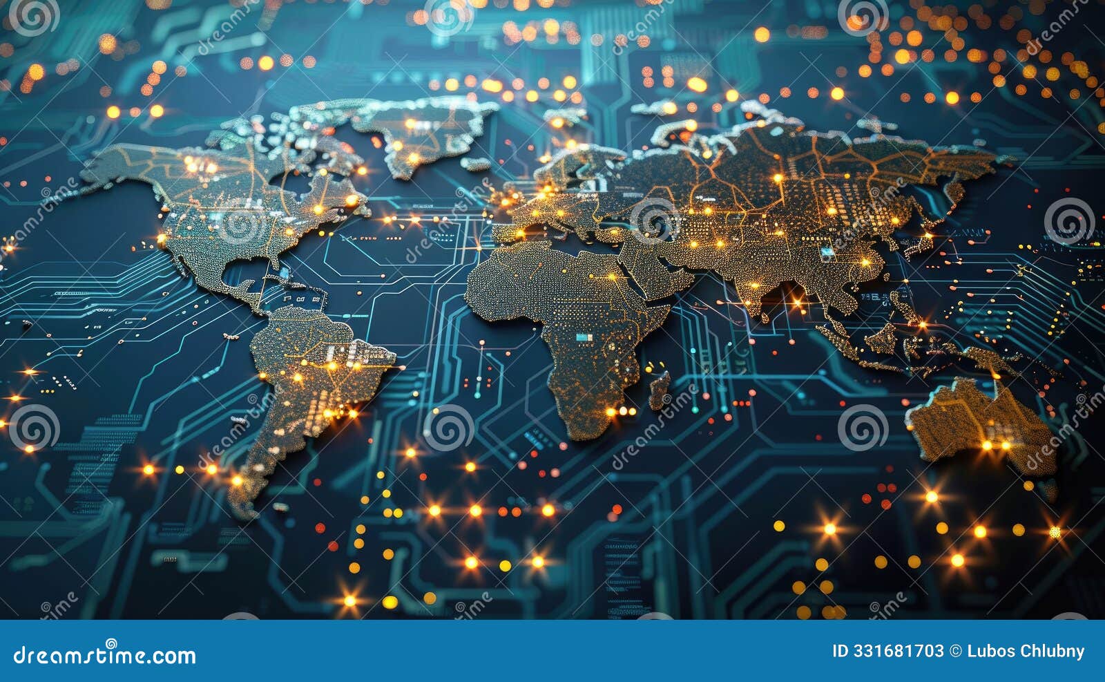 3D Circuit Board with Digital World Map Stock Illustration ...