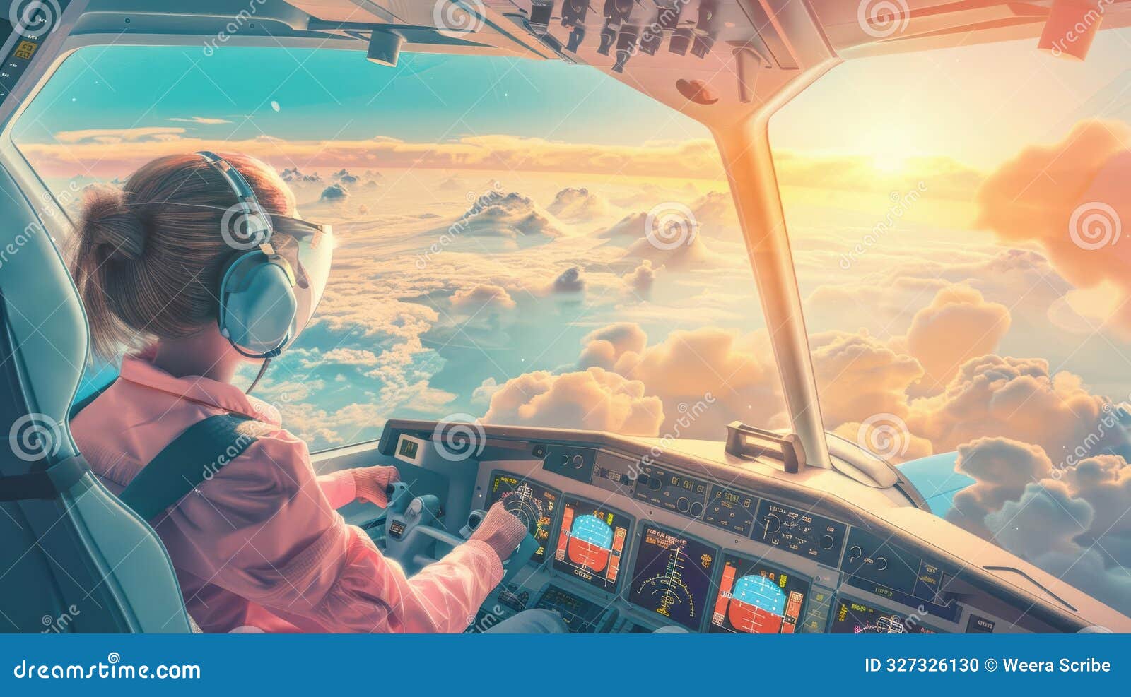Pilot in a Cockpit, with a View of the Clouds and Horizon, Confident ...