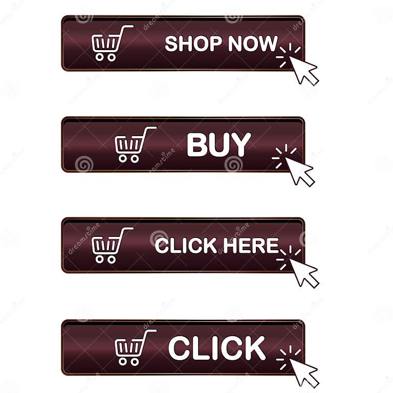 3d Click Here Web Buttons. Set of Action Button, Cursor with Arrow Pointing To Link Button Stock ...