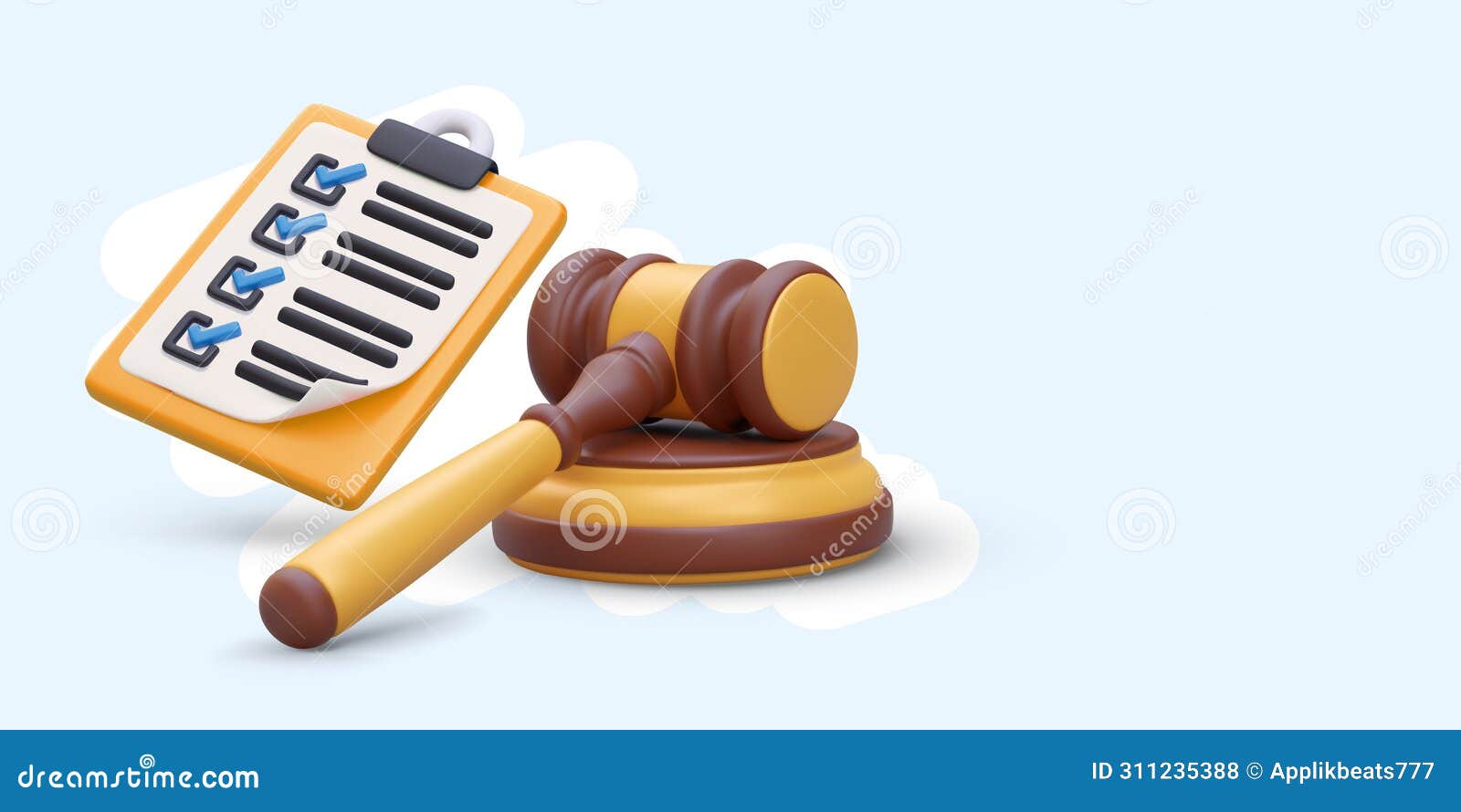 3D Clipboard with Attached List, Judges Gavel. List of Evidence ...