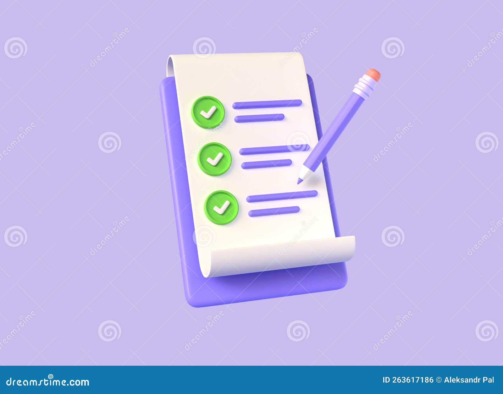3D Clipboard with Completed Task List, Pencil and Green Checkmark ...