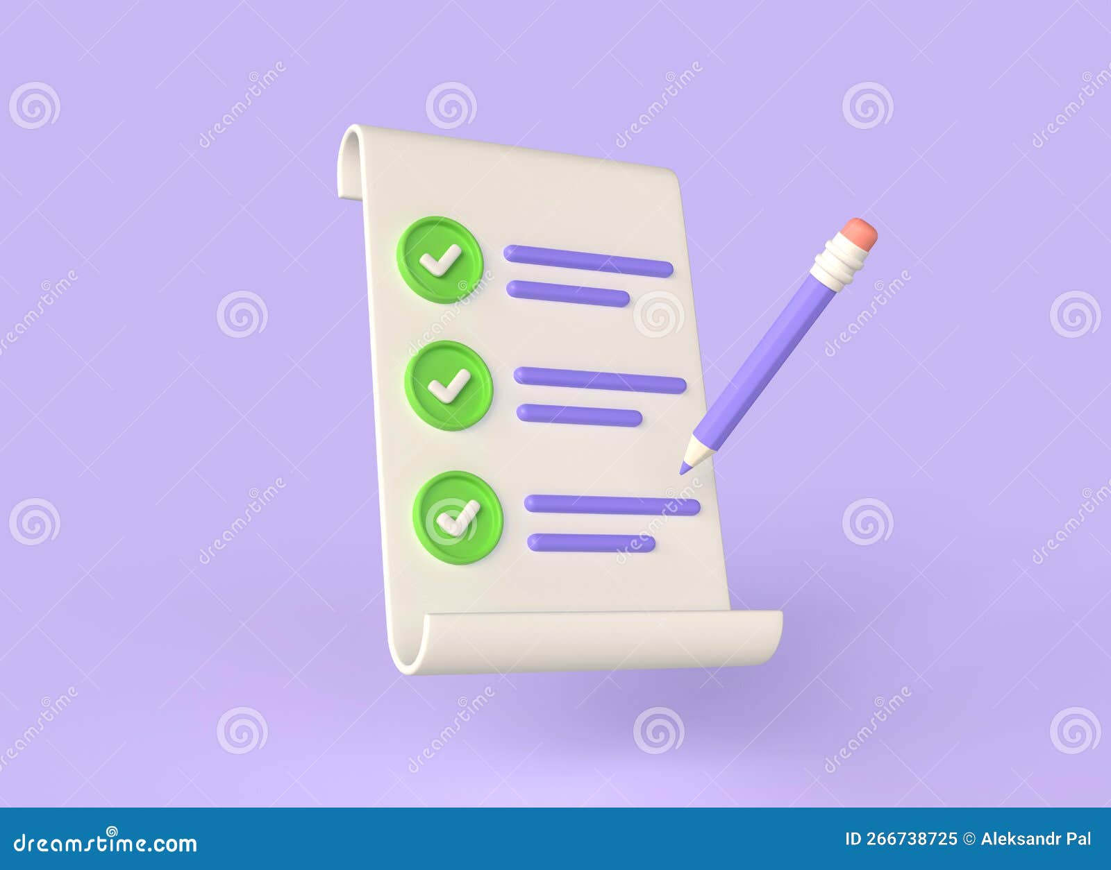 3D Clipboard with Completed Task List, Pencil and Green Checkmark ...