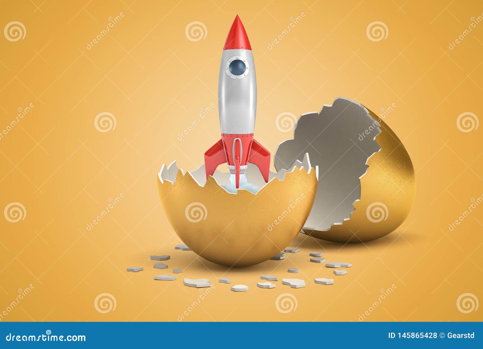 3d Close-up Rendering of Space Rocket Emerging from Broken Golden ...