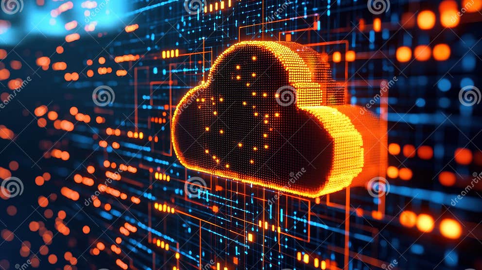 3D Cloud Computing Symbol on Digital Network Background. Concept of Data Storage, Internet, and ...