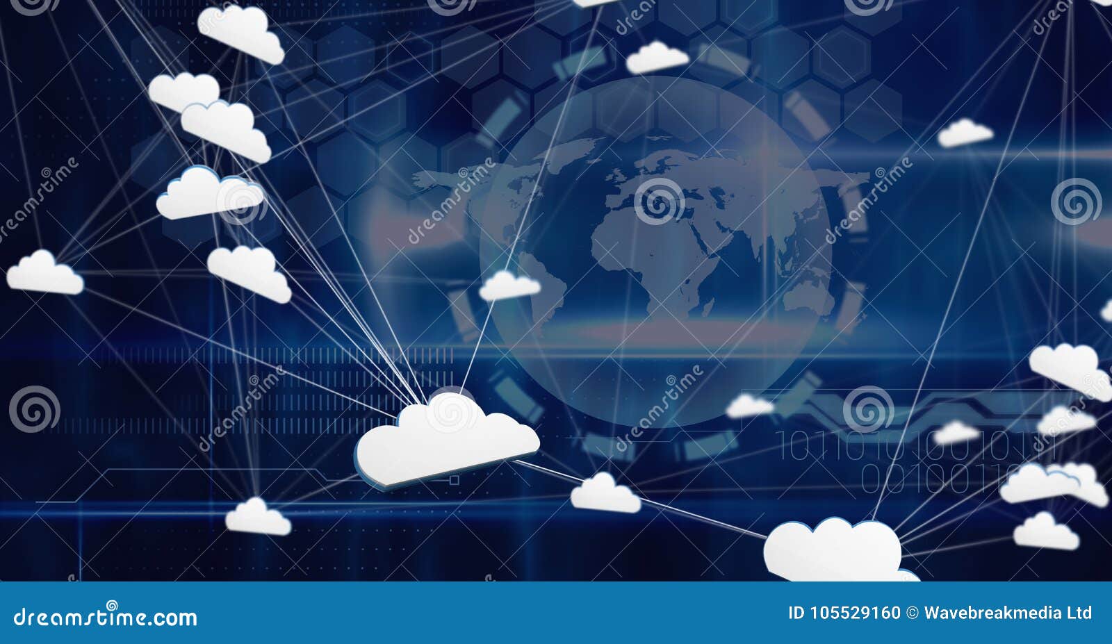 3D Cloud Connected Icons with Blue World Planet Background Stock ...
