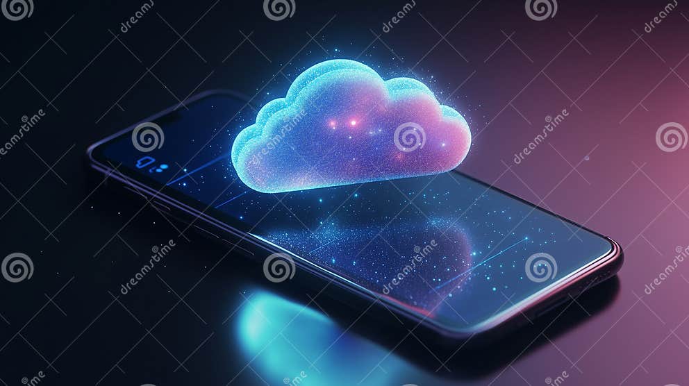3D Cloud Icon on Smartphone Screen, Data Synchronization Process, Online Storage, Cloud ...
