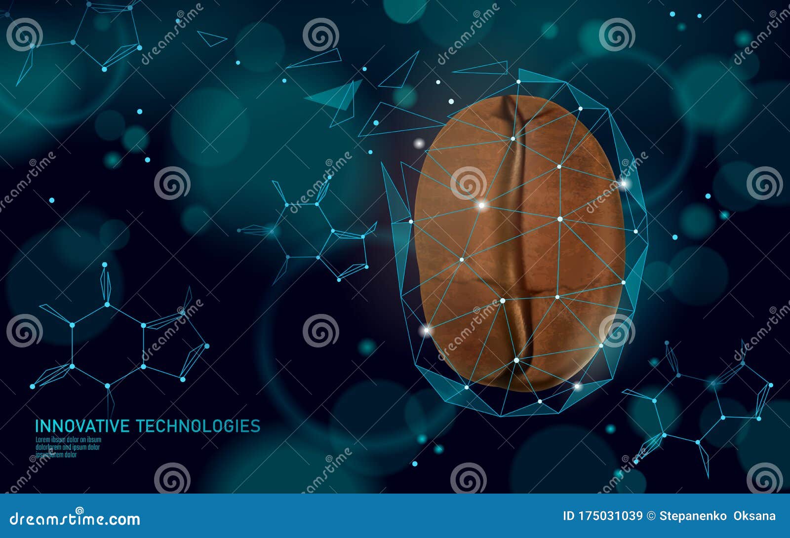 3D Coffee Bean Realistic Caffeine Molecule. Low Poly Modern Cafe ...