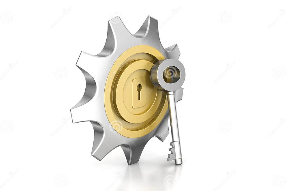 3d cog wheel with key stock illustration. Illustration of preferences ...