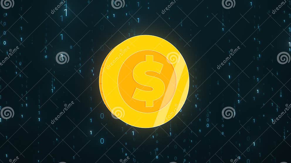 2d Coin Rotation In Center And Digital Data Lots Of Matrix Binary Code Random Number Falling