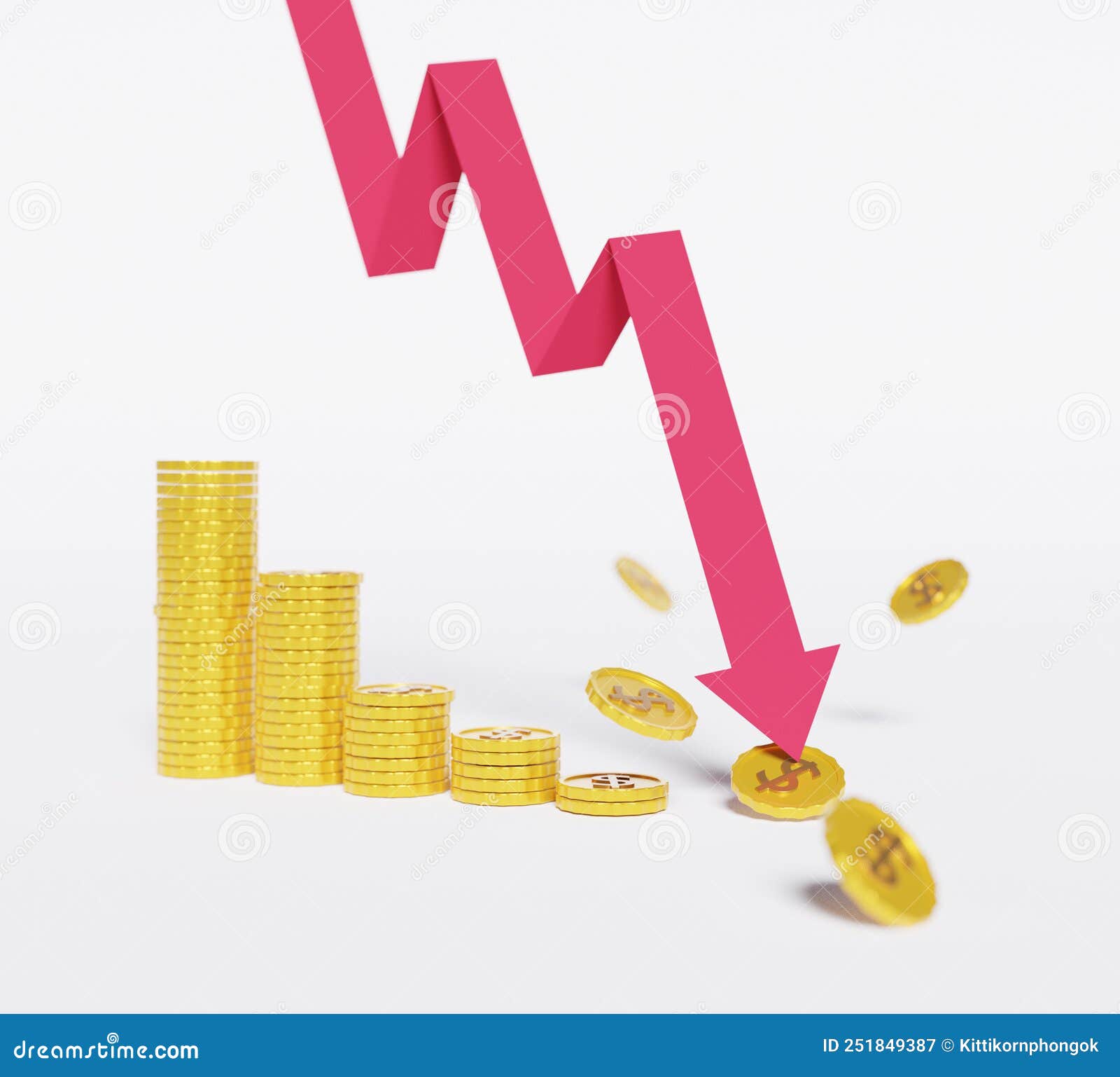 3D Coin Stack Chart Down with Red Arrow. Concept of Economic Crisis or ...