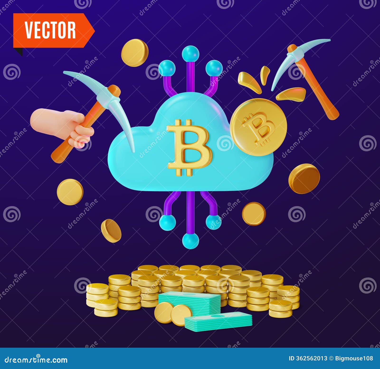 3d Coins Mining Crypto Currency Concept Background Cartoon Design Style ...
