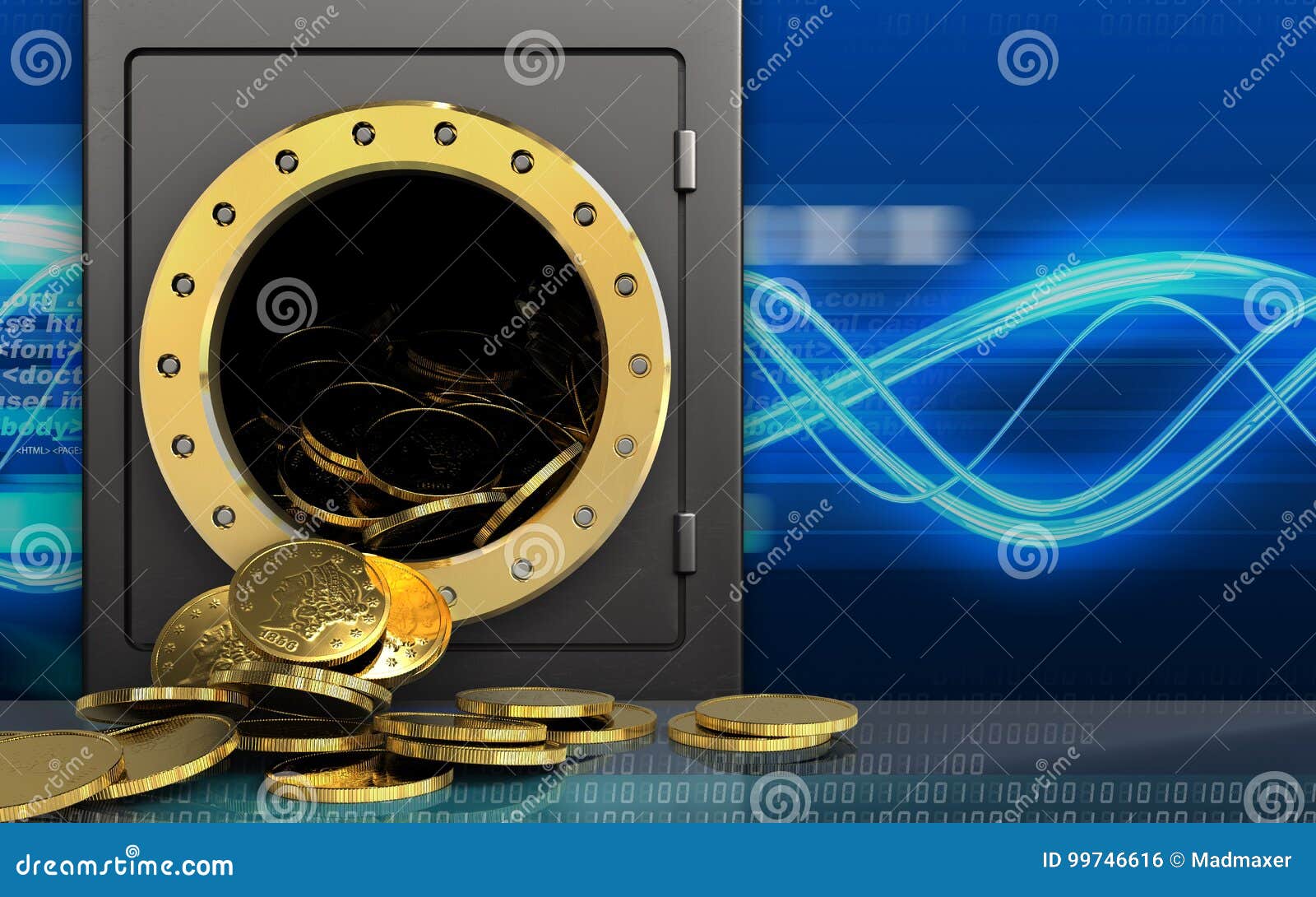 3d Coins Over Digital Waves Stock Illustration - Illustration of iron ...