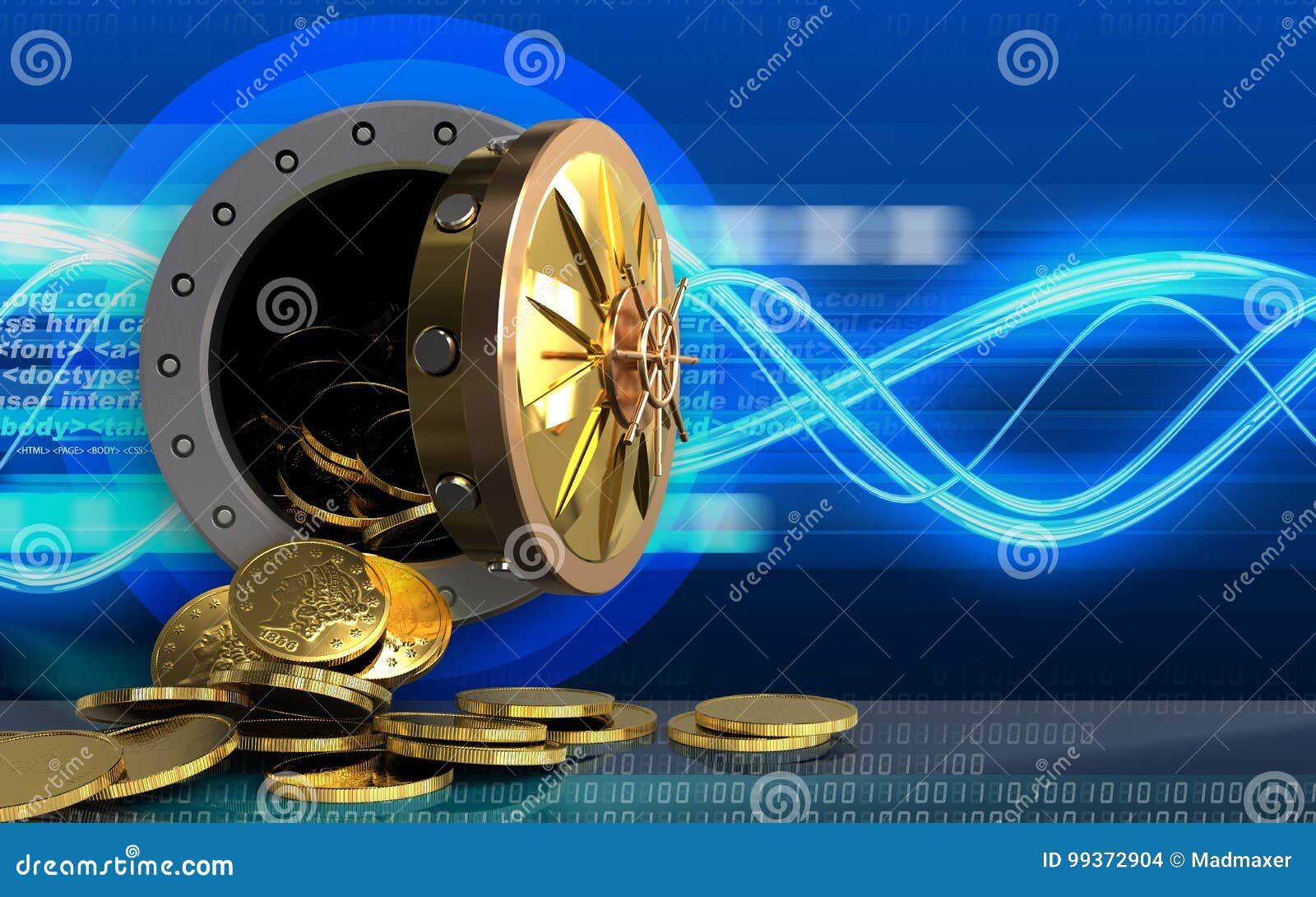 3d Coins Over Digital Waves Stock Illustration - Illustration of golden ...