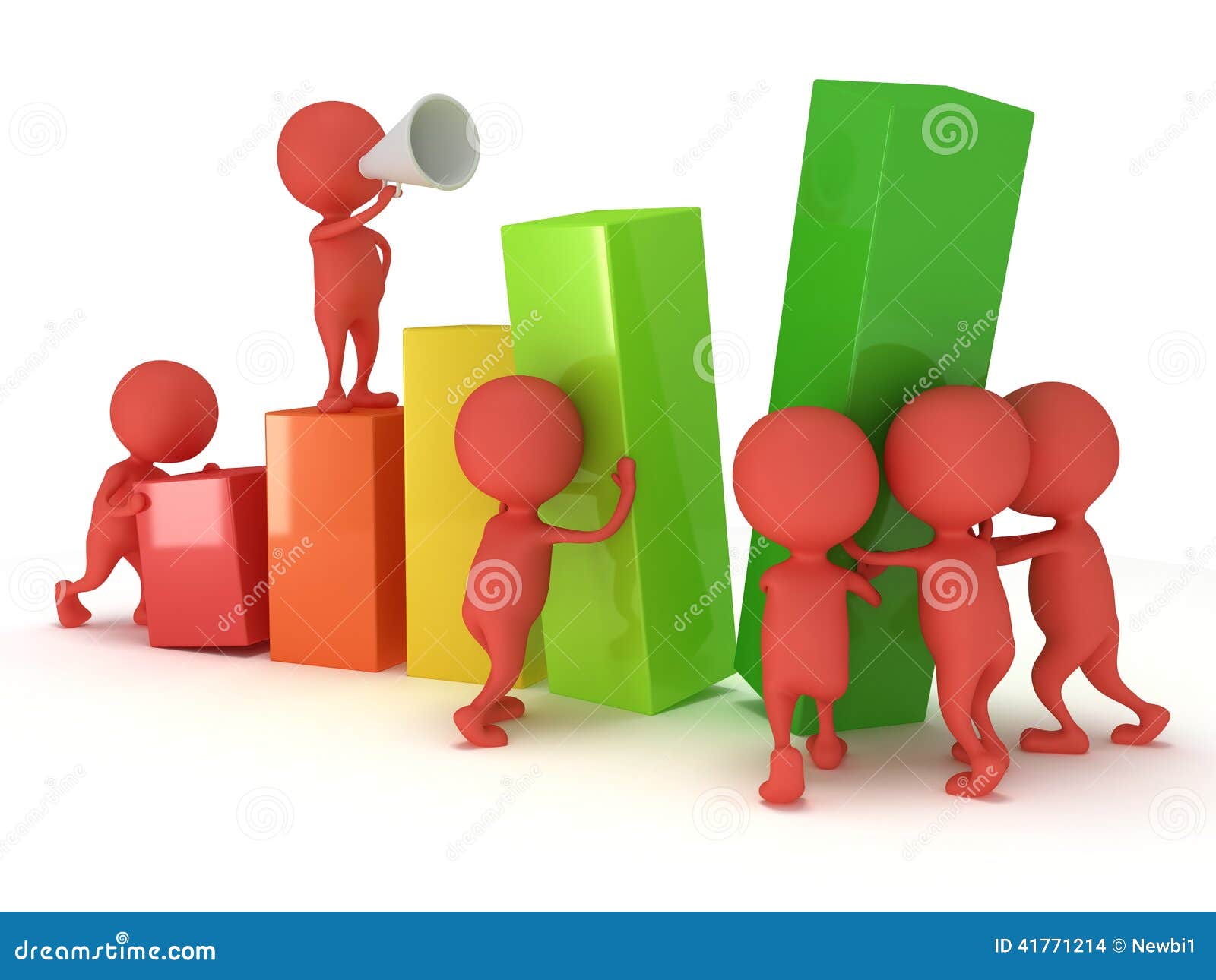 3D Colored Bar Graph with Team of Red People Stock Illustration ...