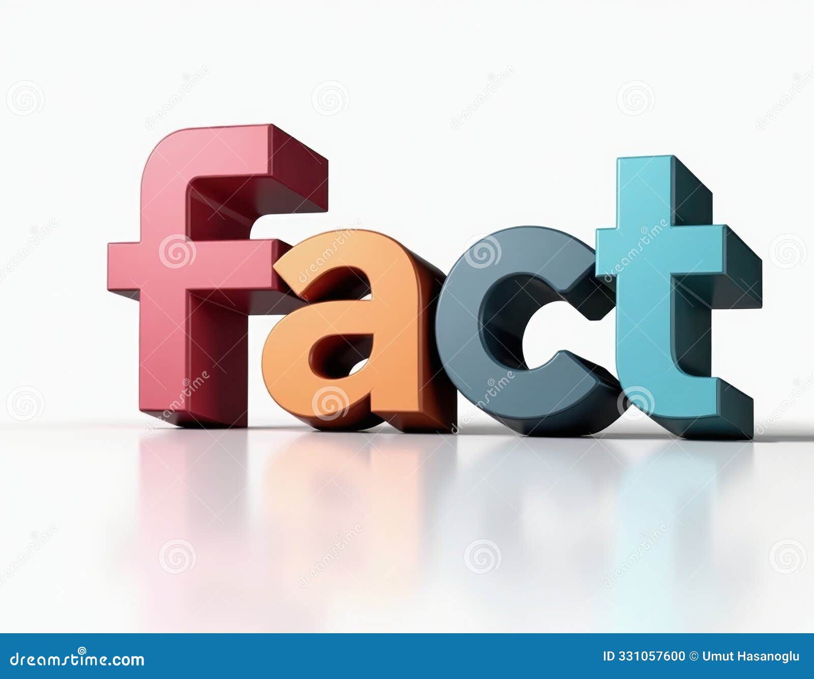 3D Colorful Letters Spelling Fact on a Reflective Surface Stock ...
