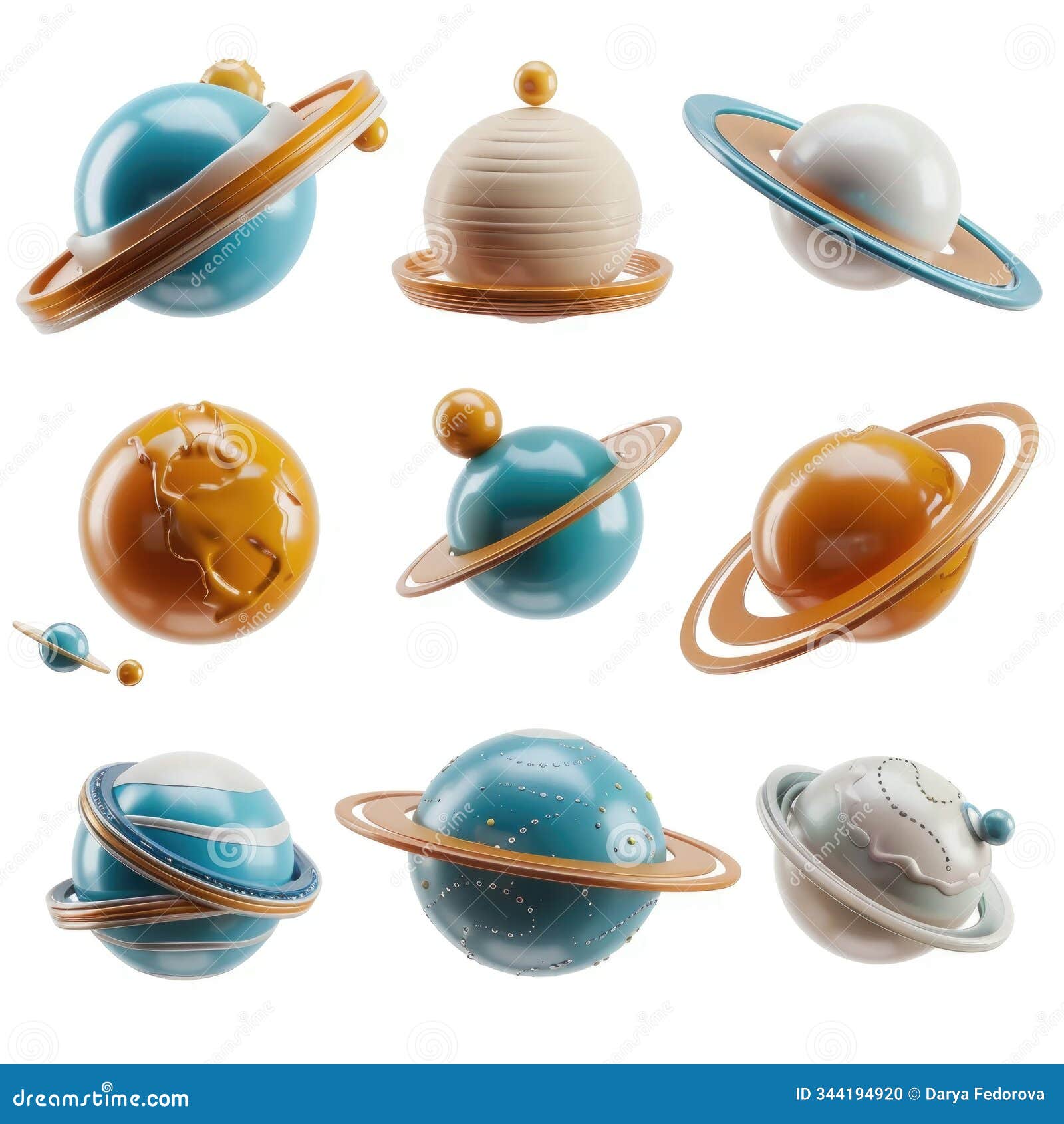 3D Colorful Planets and Moons in White Background Stock Illustration ...