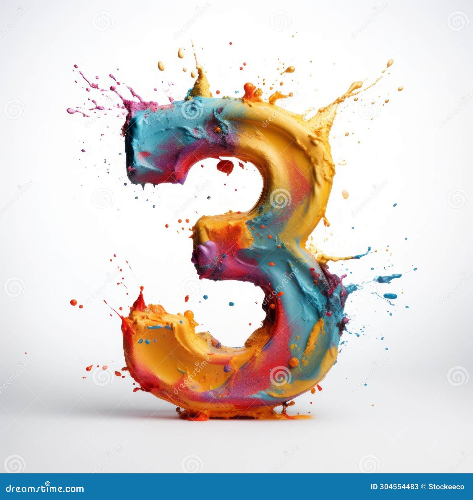 Colorful 3d Paint Splashes with 3rd Digit on White Background Stock ...