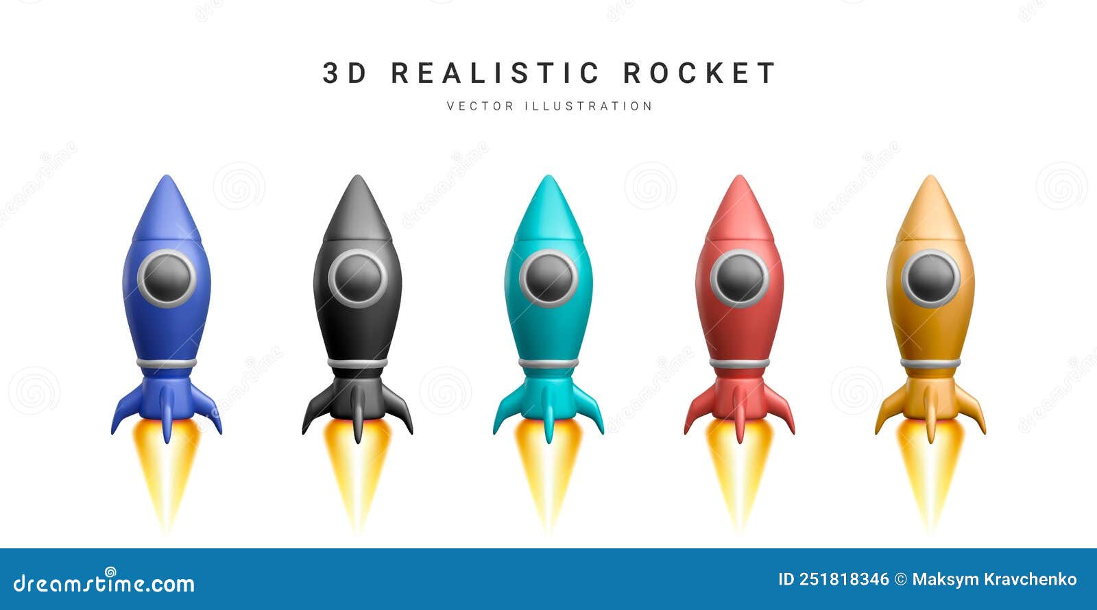 3d Colour Rocket Set. Realistic Space Ship Isolated on a White ...