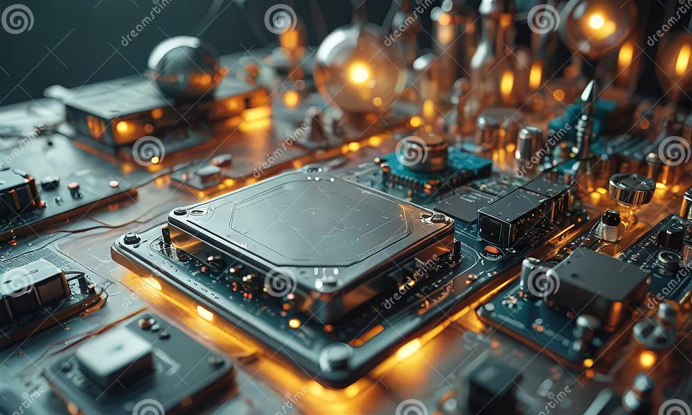 3D Complex Circuit Board Features Central Processor, Surrounded by ...