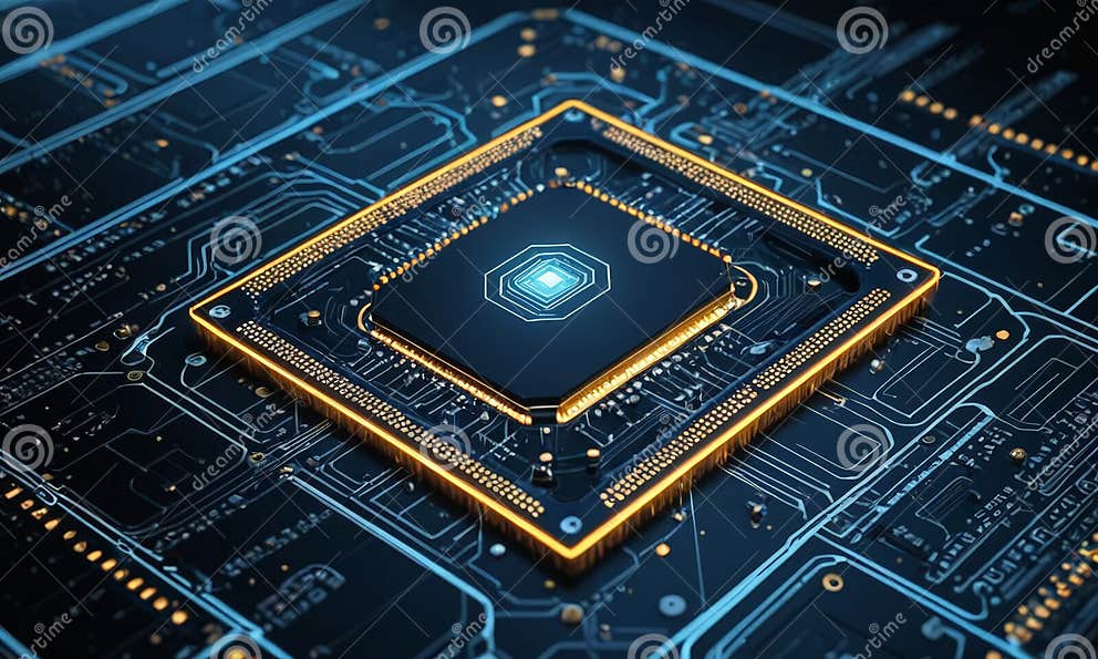 3D Complex Circuit Board Features Central Square Chip Surrounded by ...