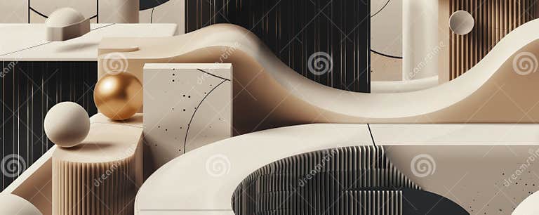 3D Composition of Architectural Elements Featuring Geometric Shapes and ...
