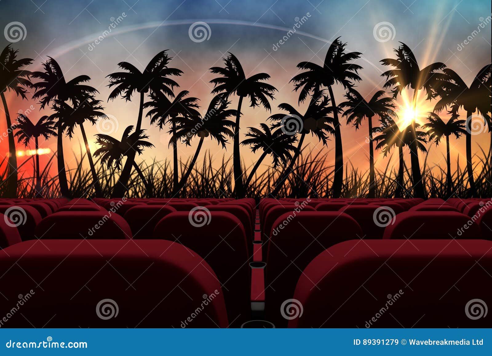 3d Composition of Cinema Seats Facing Sunset View with Palms Stock ...