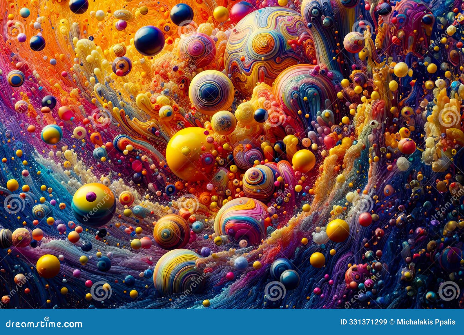 3D Composition of Multi-coloured Spheres Floating on a Bright Rainbow ...