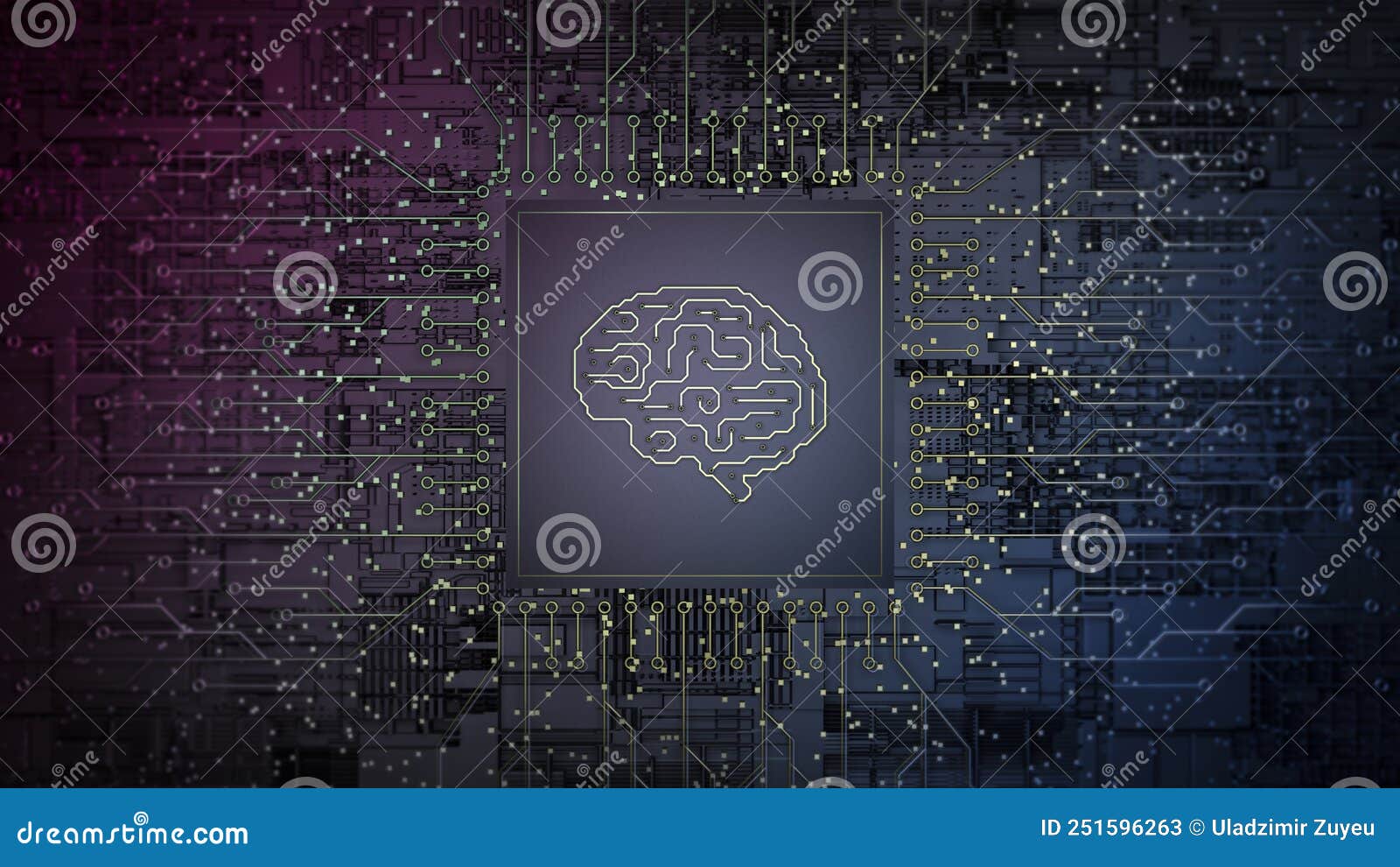 3d Computer Chip Cpu with Human Brain. Processor on Technology Board ...
