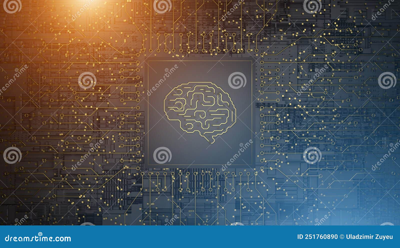 3d Computer Chip Cpu with Human Brain. Processor on Technology Board ...