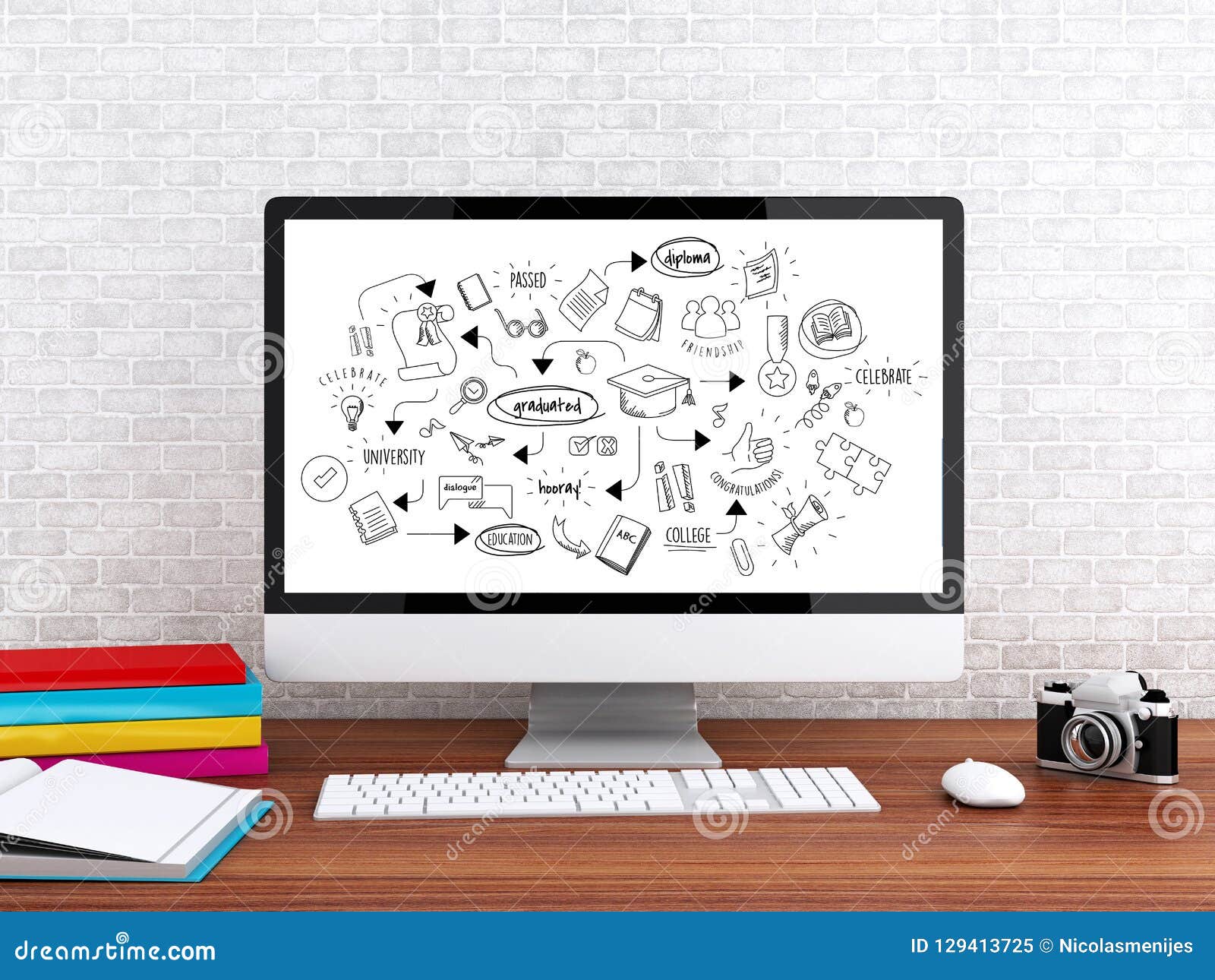 3d Computer with Education Sketch Stock Illustration - Illustration of ...