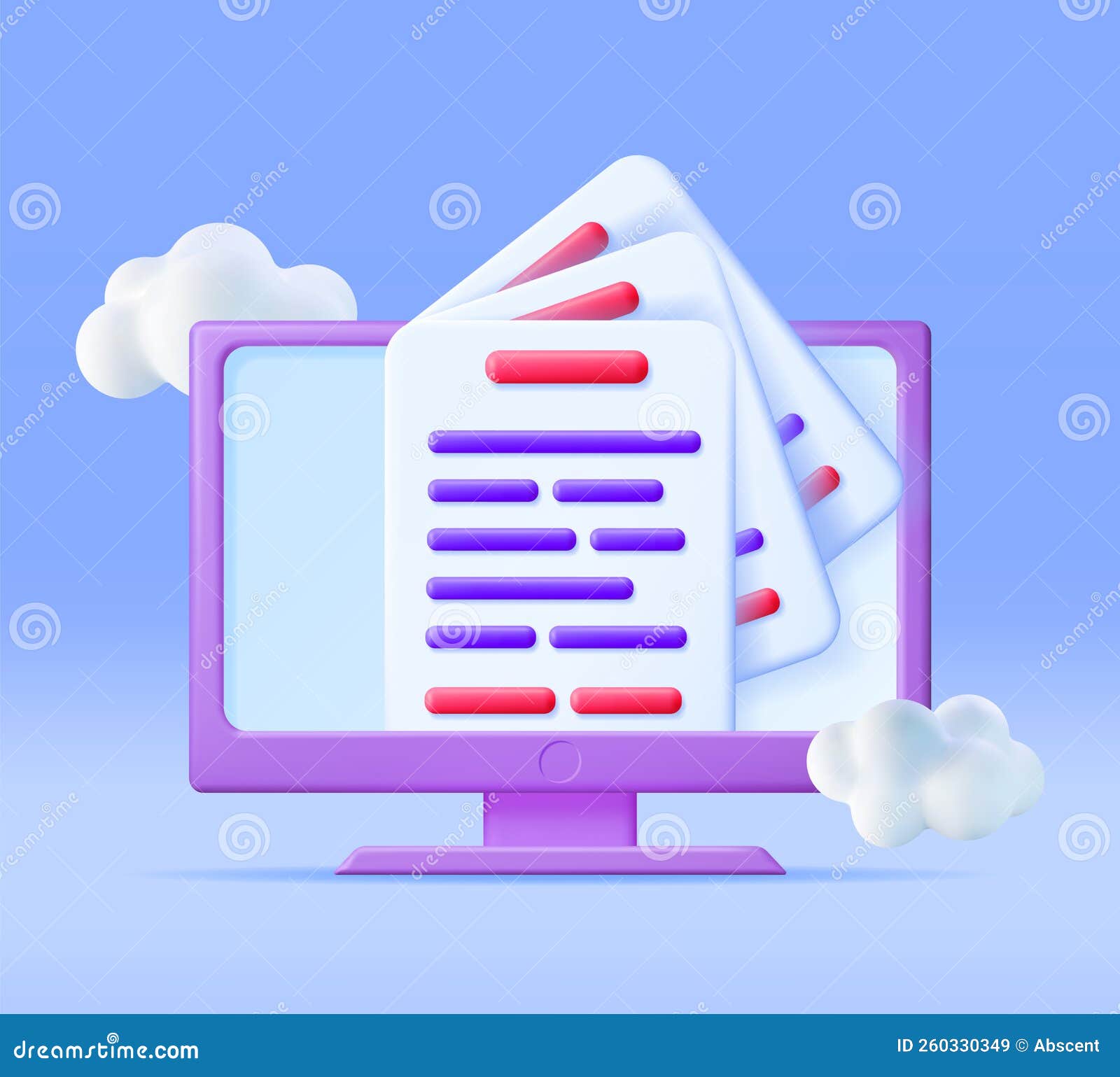 3D Computer with Pile of Paper Documents Stock Vector - Illustration of ...