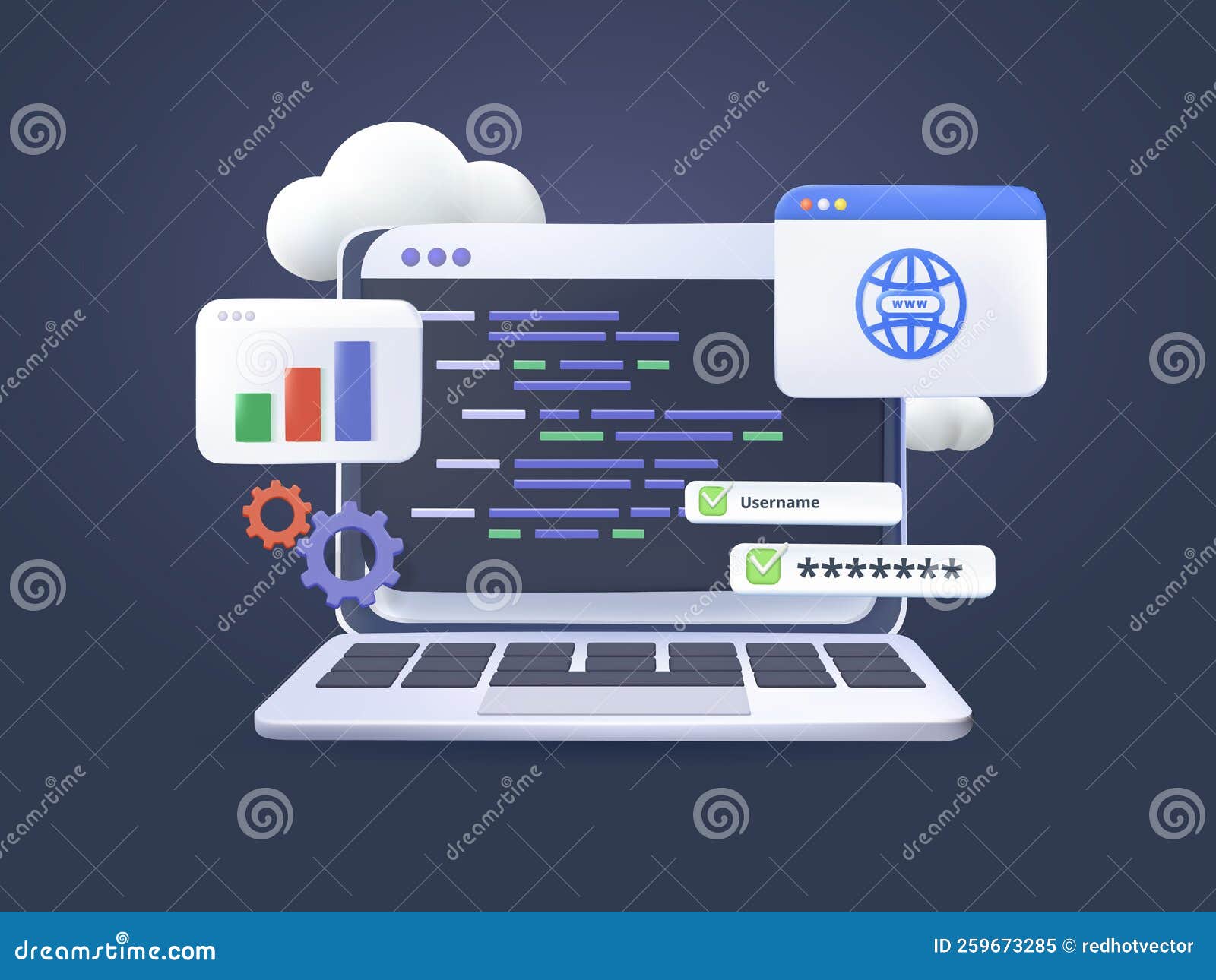 3d Computer Programming Or Developing Css Html Php Software Game Vector 3d Render Illustration