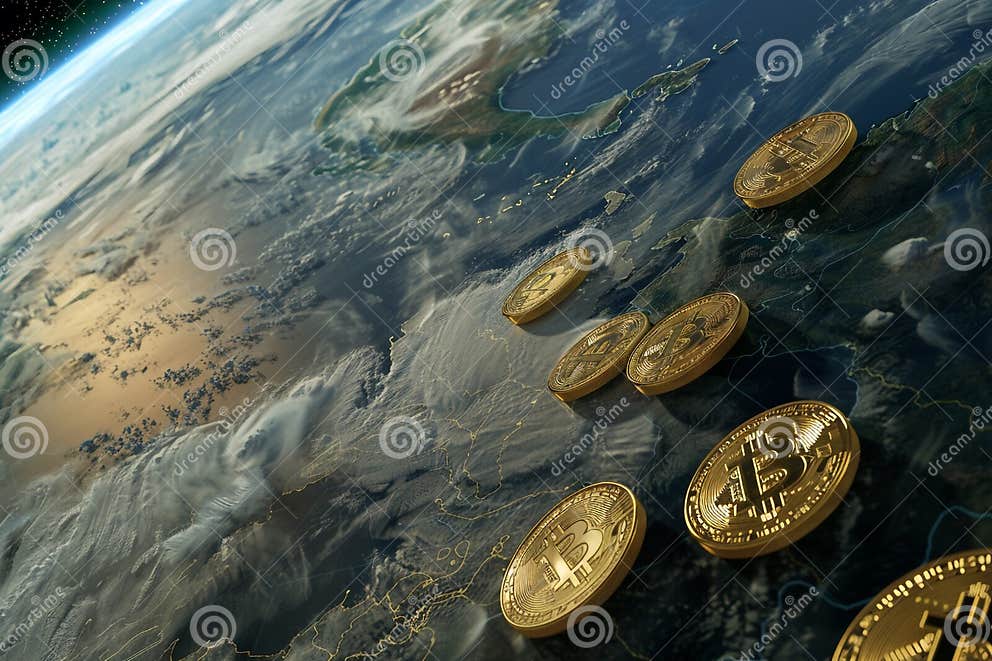 A 3D Concept Image of Bitcoins Orbiting Around a Digital Earth Stock ...