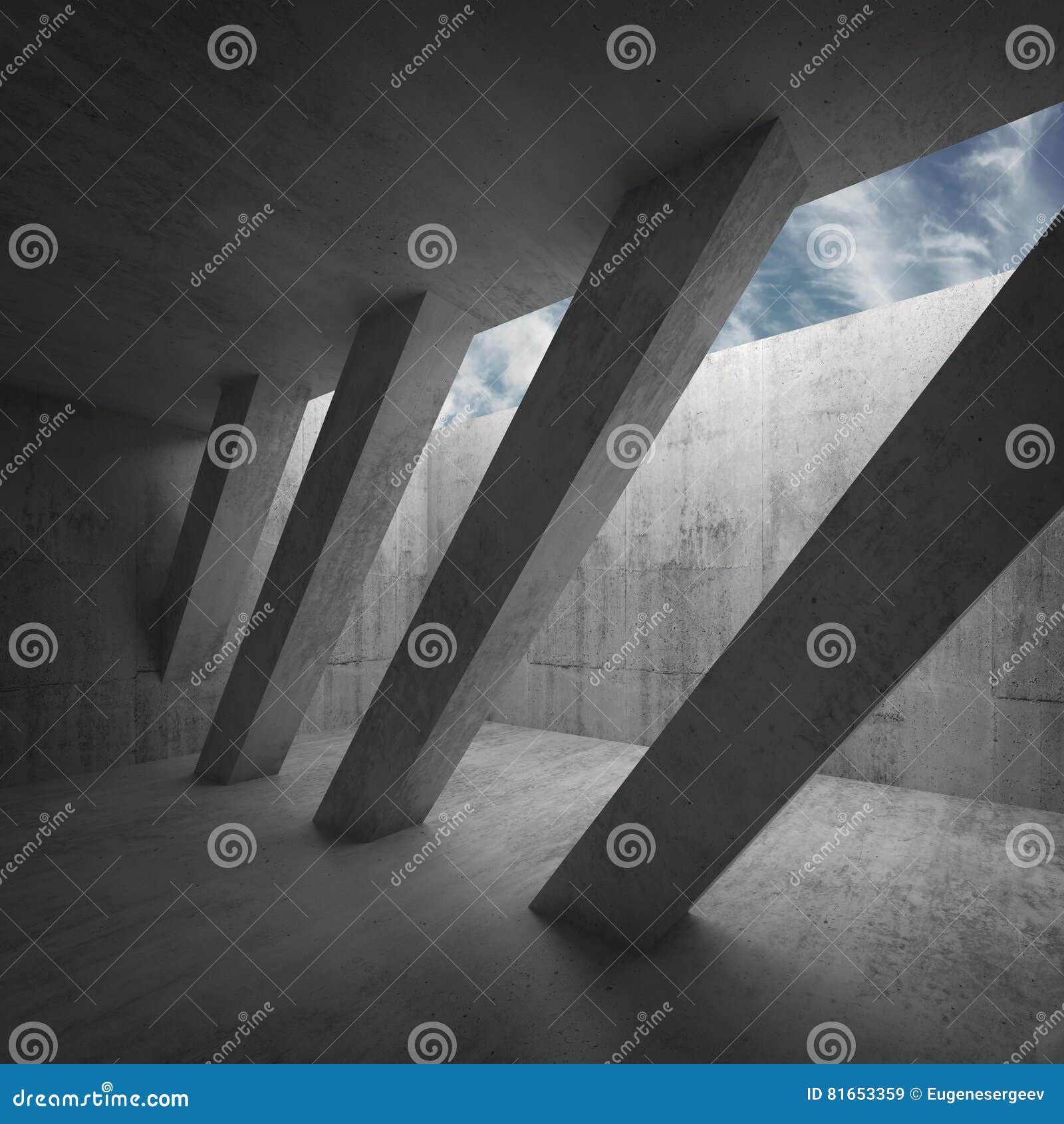 3d Concrete Room Interior with Diagonal Columns Stock Illustration ...