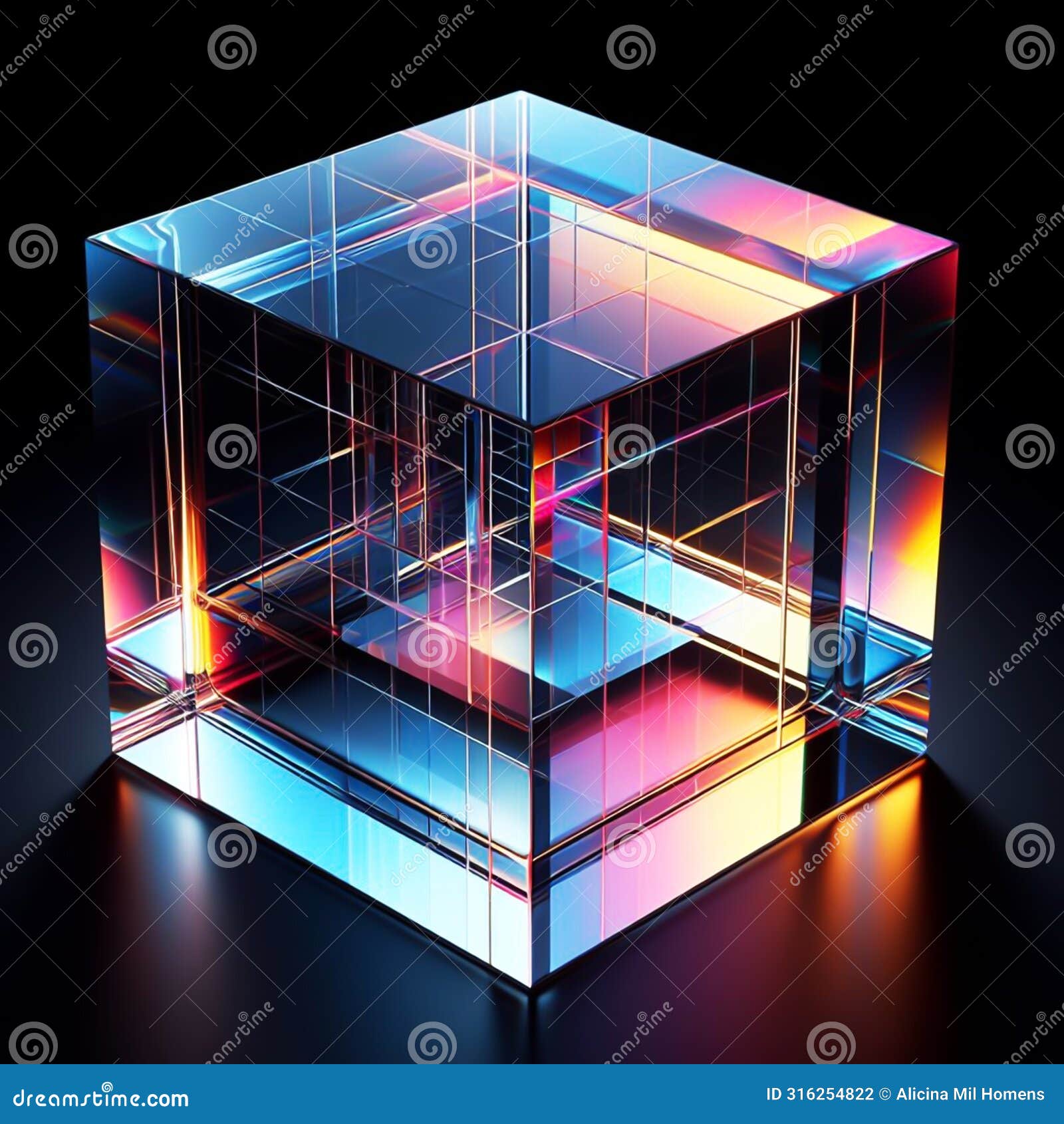 3D Cube with Refraction and Holographic Effect Light on Dark Background ...