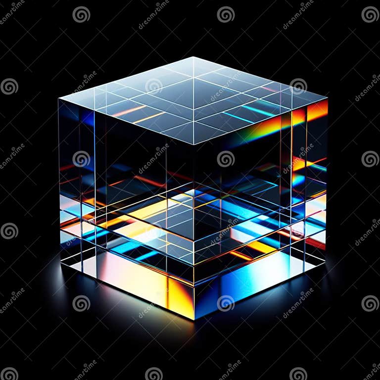 3D Cube with Refraction Light and Holographic Effect on Dark Background ...