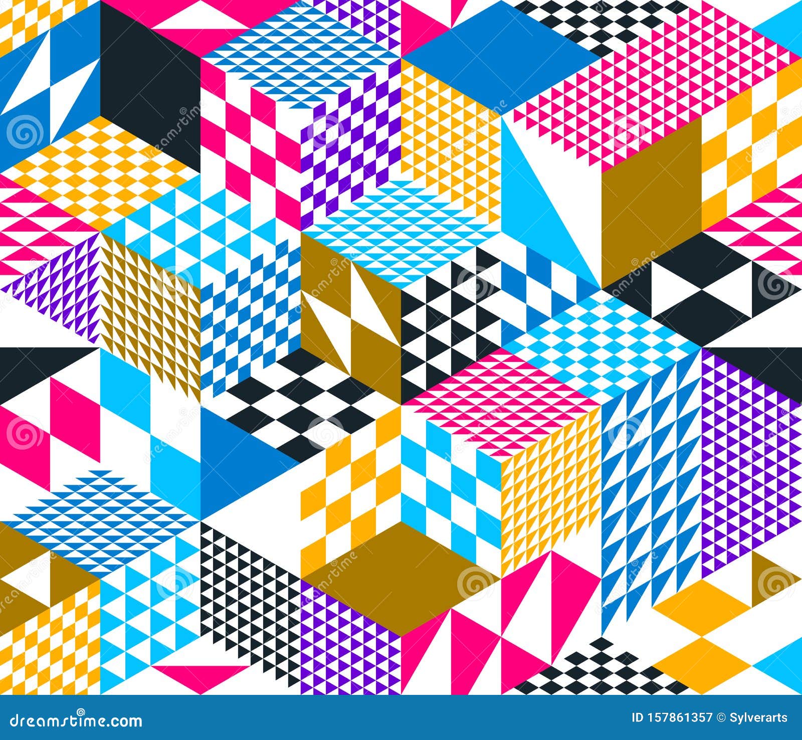 3D Cubes Seamless Pattern Vector Background, Rhombus and Triangles ...