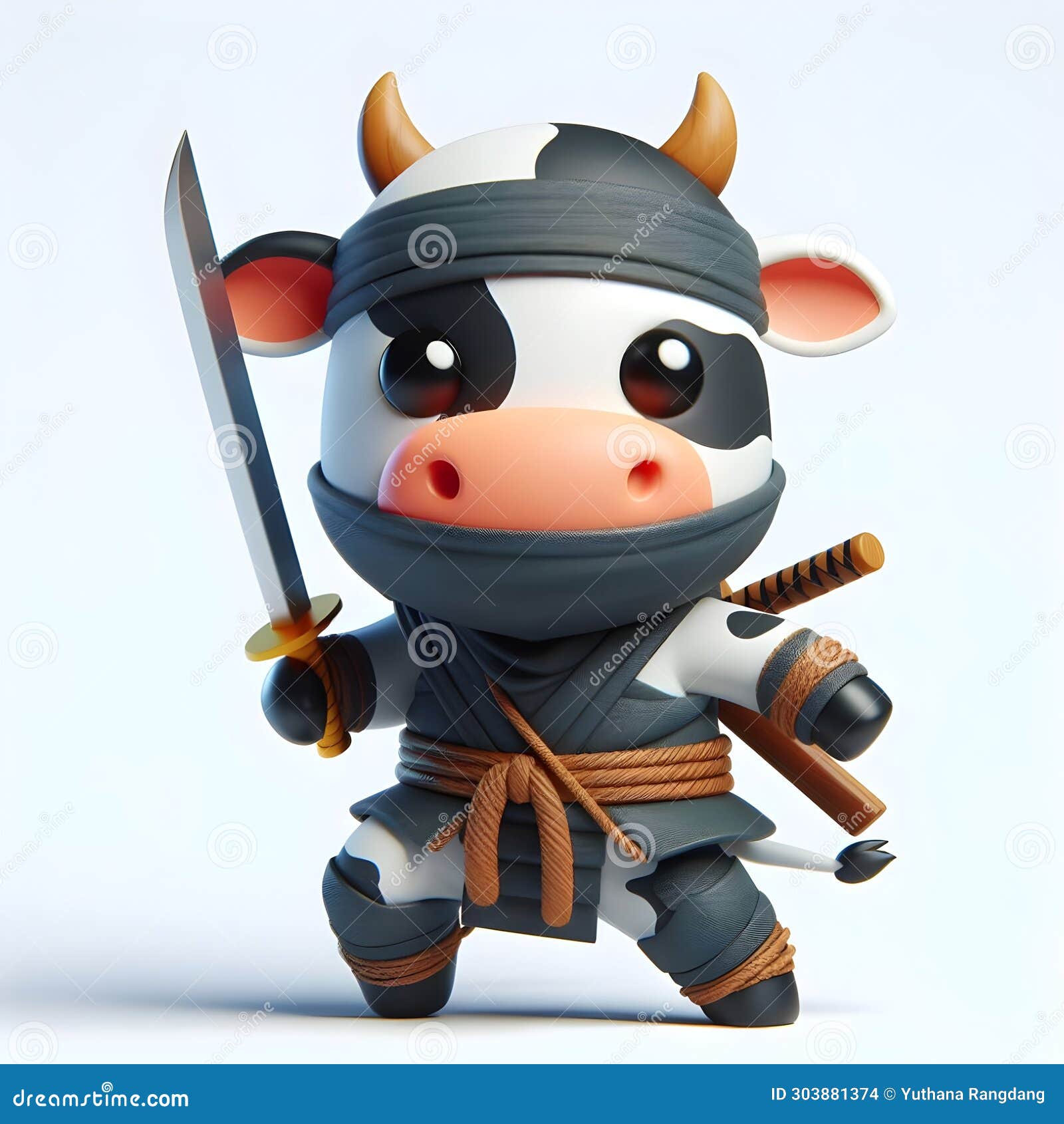 3d Cute Cow in Ninja Armor, White Background. Stock Illustration ...