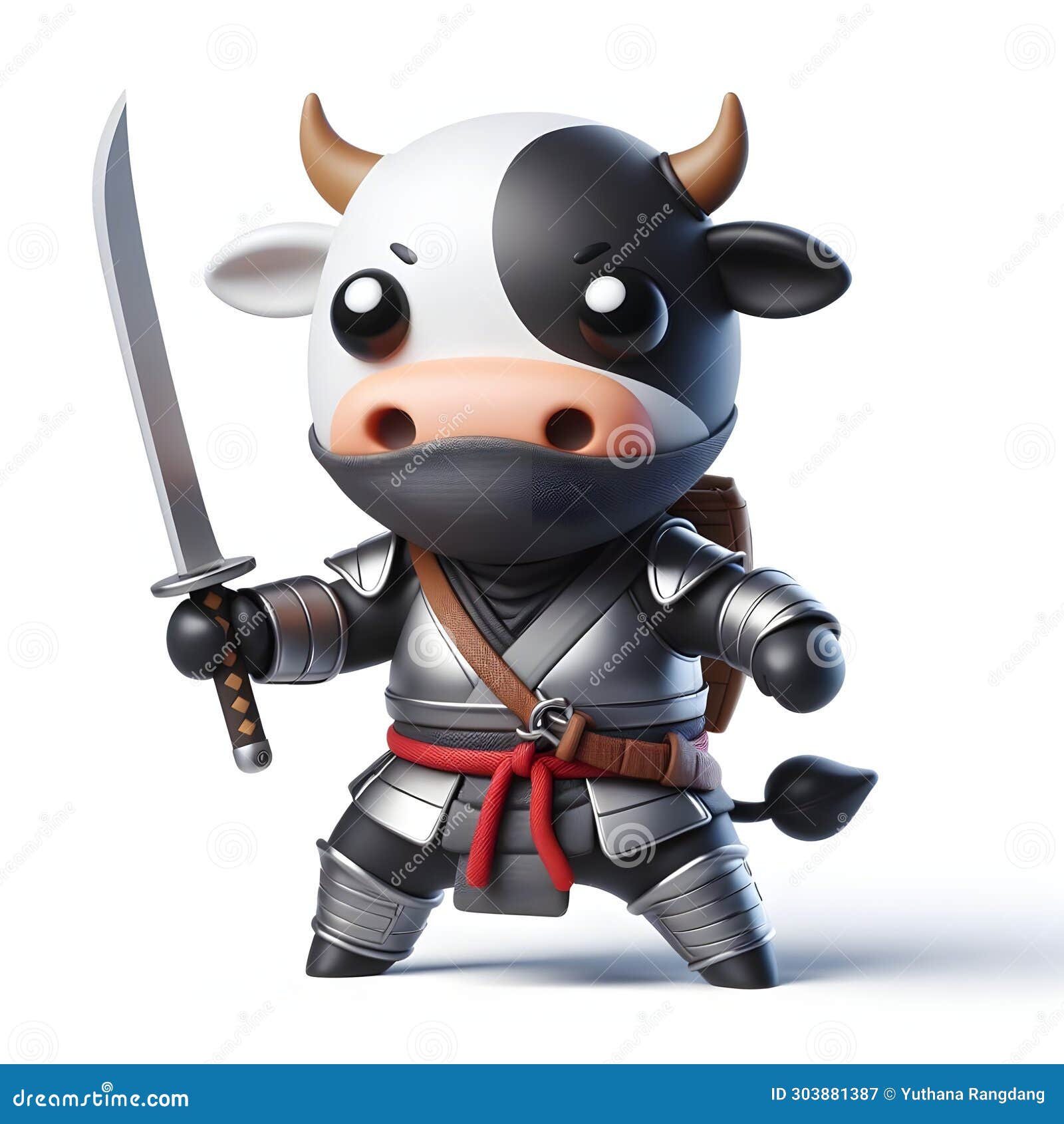 3d Cute Cow in Ninja Armor, White Background. Stock Illustration ...
