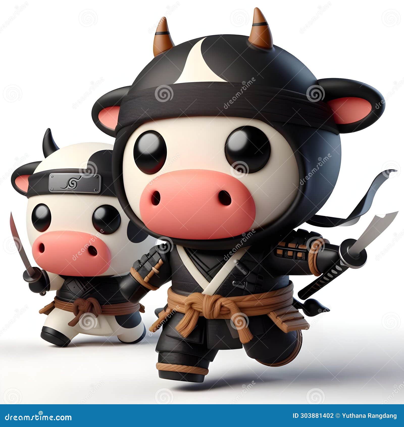 3d Cute Cow in Ninja Armor, White Background. Stock Illustration ...