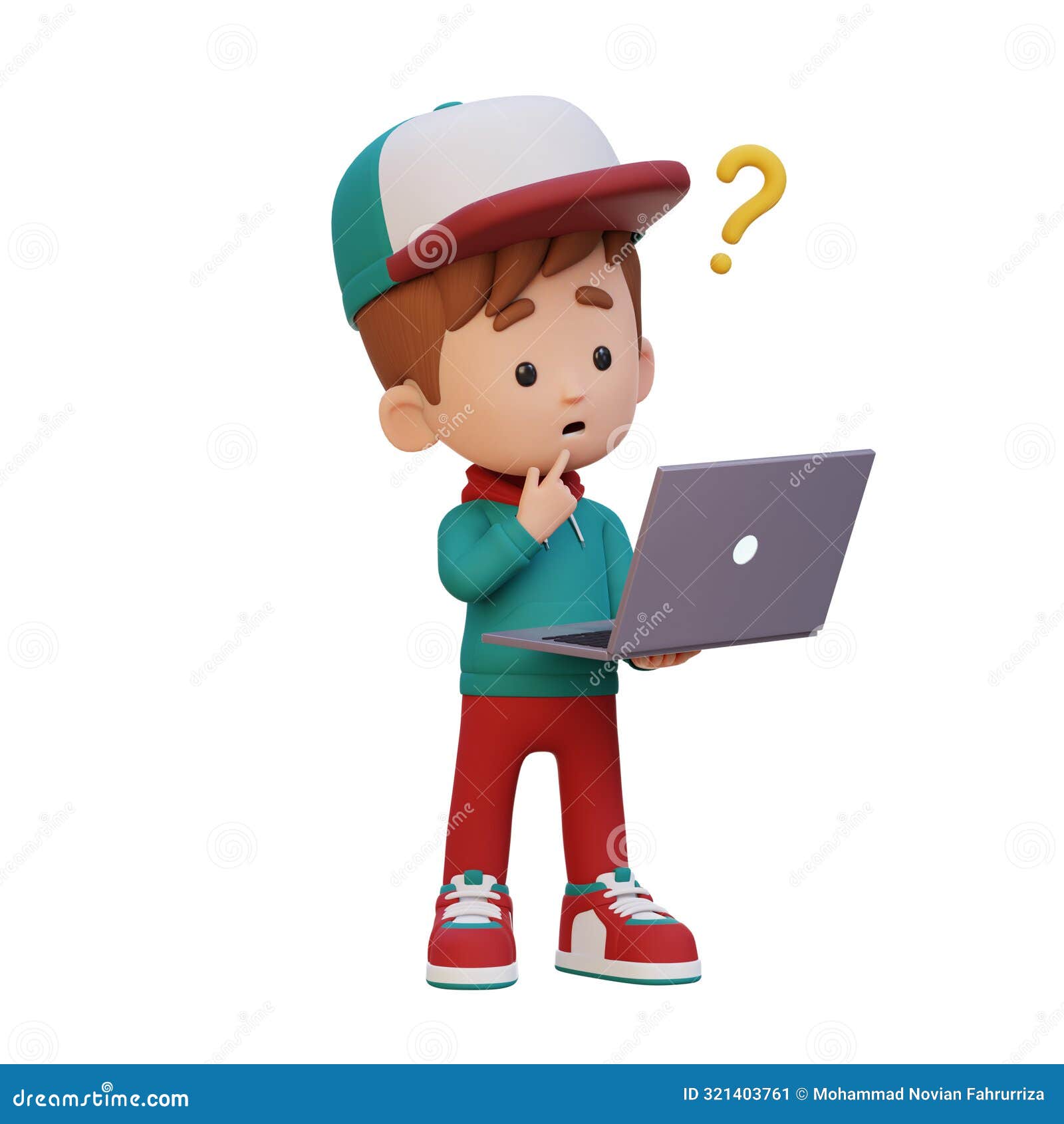 3D Cute Kid Character Confused on a Laptop Stock Image - Illustration ...