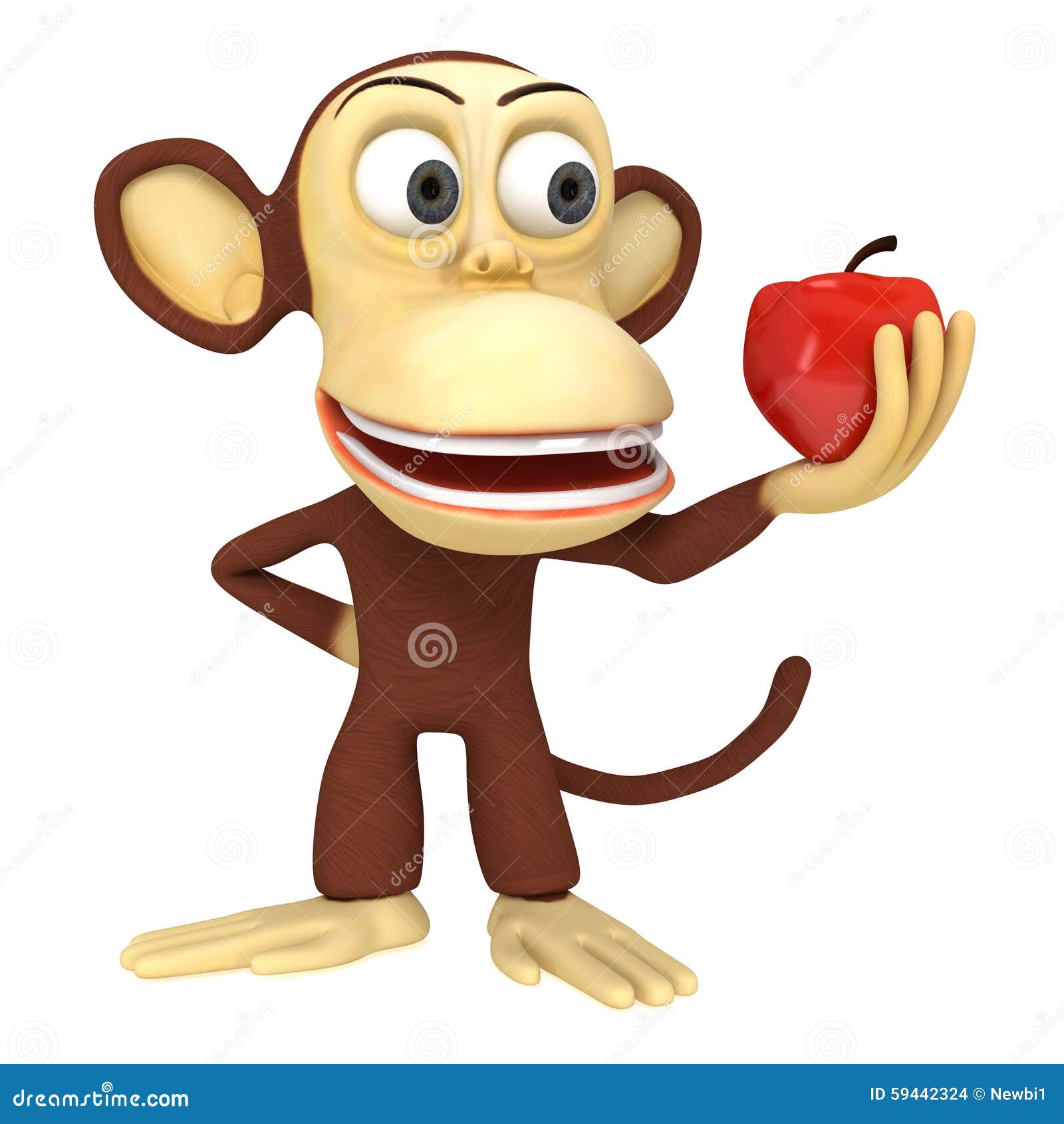 3d Cute Monkey with Red Apple Stock Illustration - Illustration of face ...
