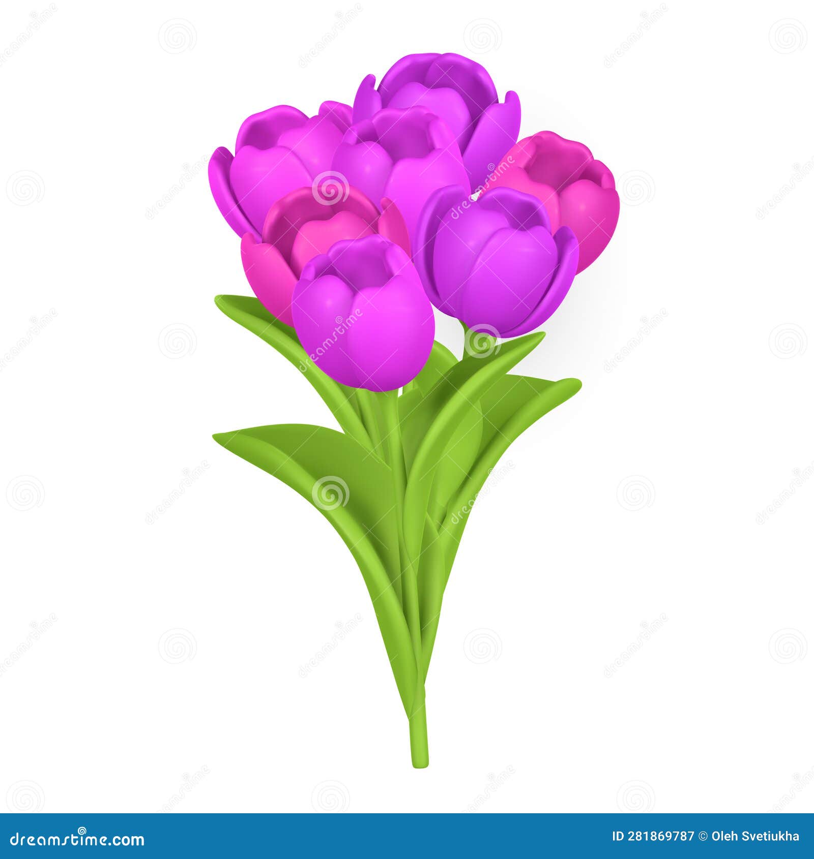 3D Cute Pink Spring Bunch of Tulips in Cartoon Style. Vector ...